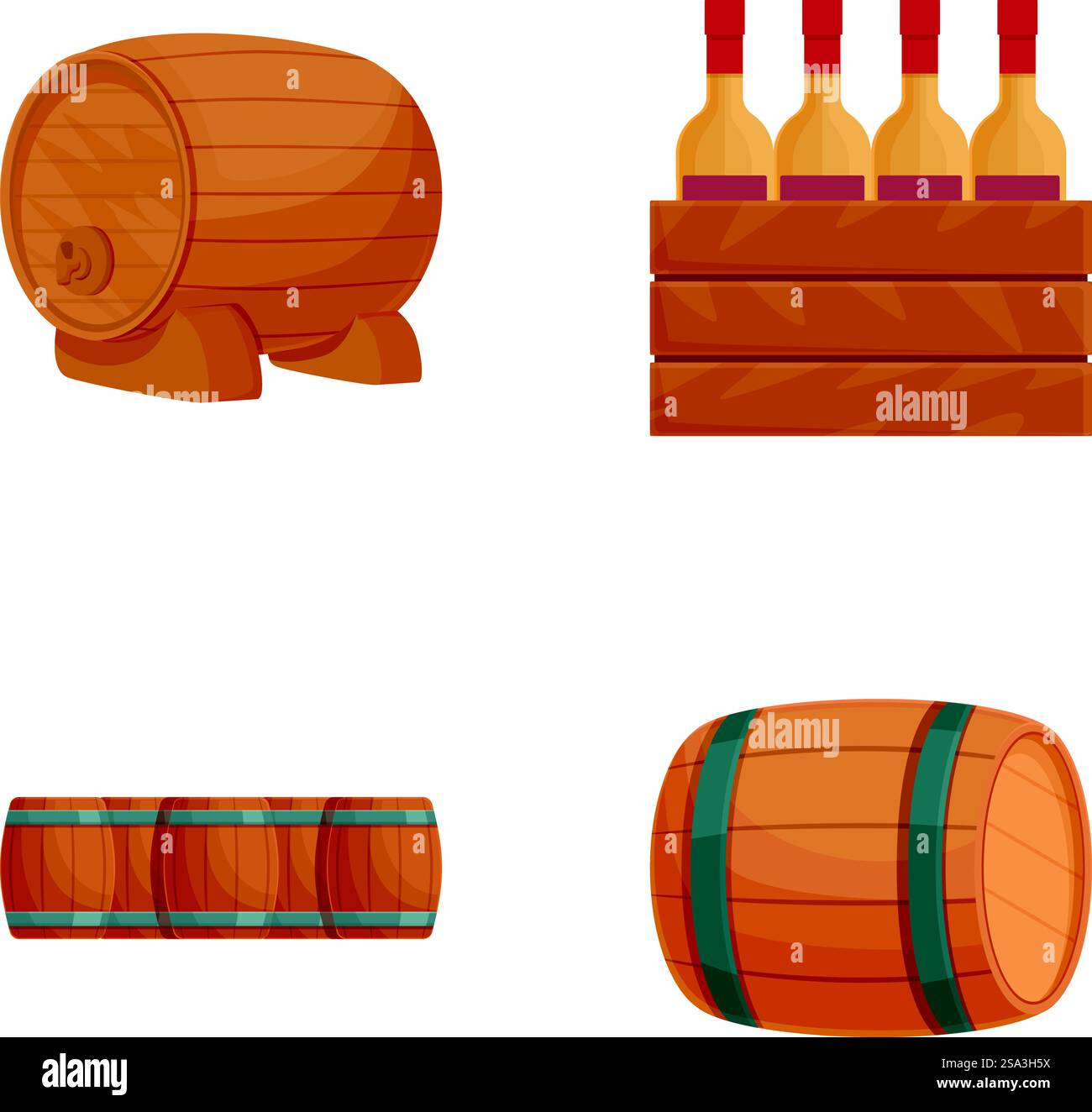 Collection of vector illustrations featuring wooden barrels and a crate ...