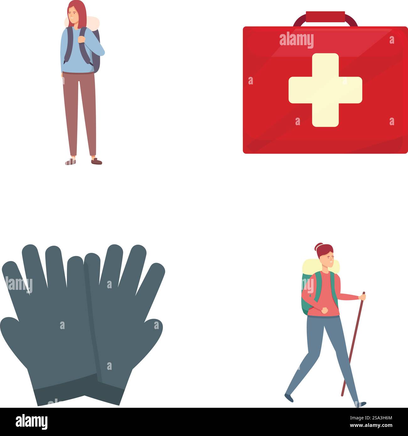 Vector illustrations of a female traveler, first aid kit, gloves, and a ...