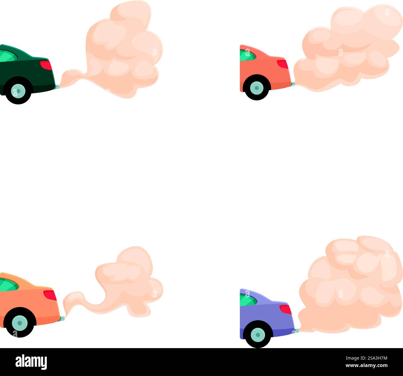 Set of four colorful animated cars emitting puffs of smoke, isolated on ...