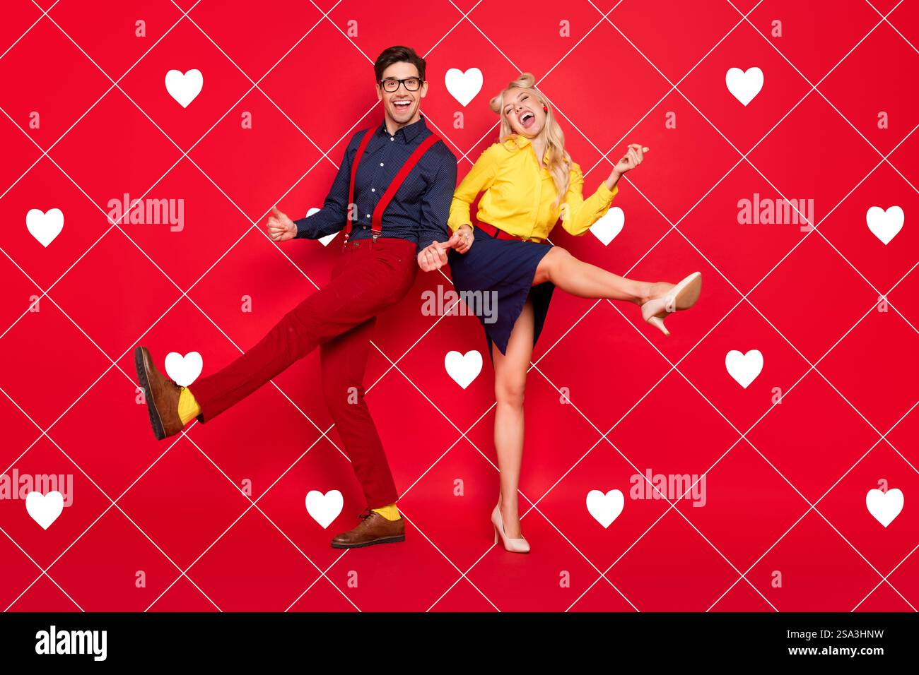 Full length body size view of attractive carefree couple dancing jive ...