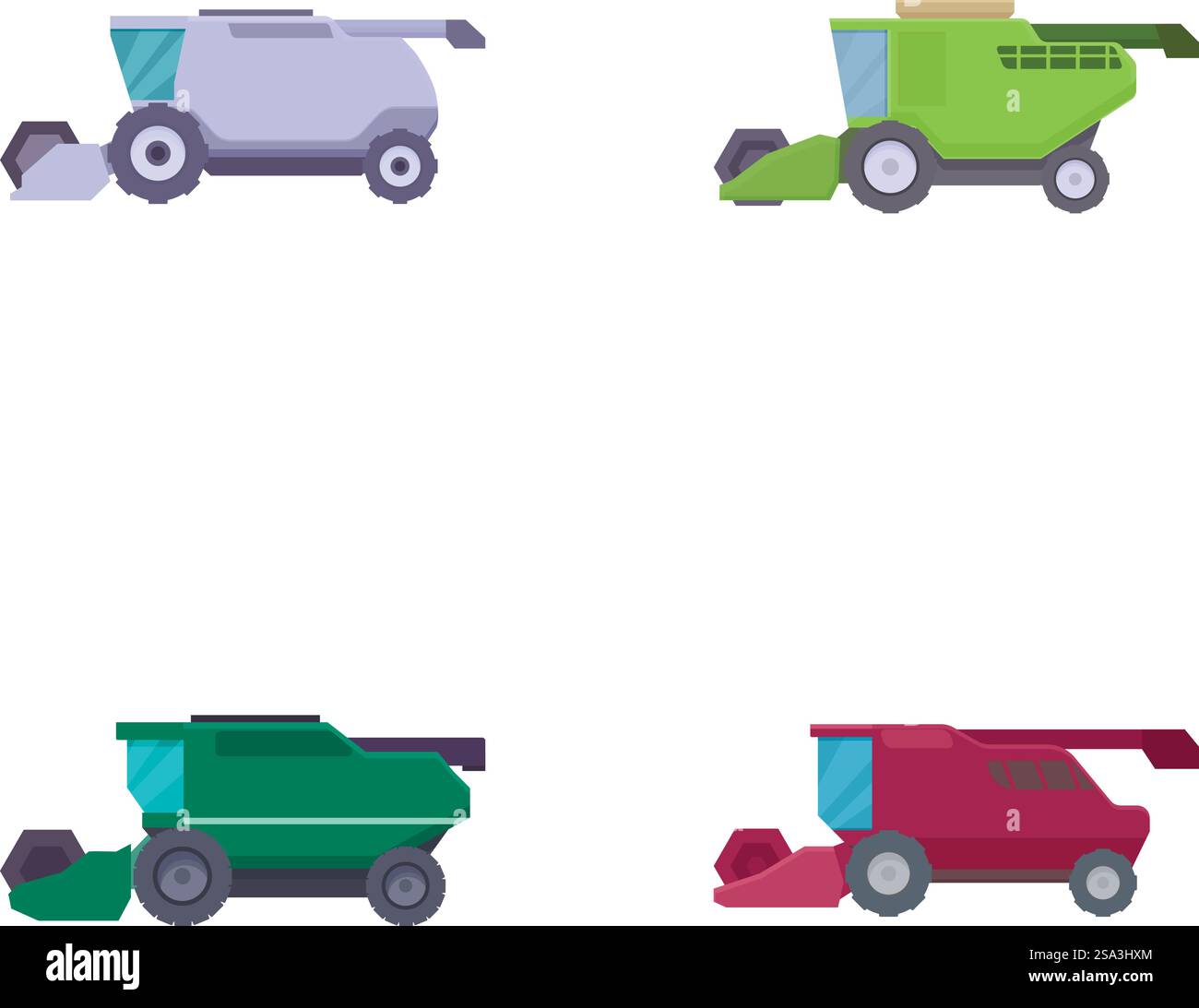 Collection of four colorful, stylized combine harvesters in vector ...