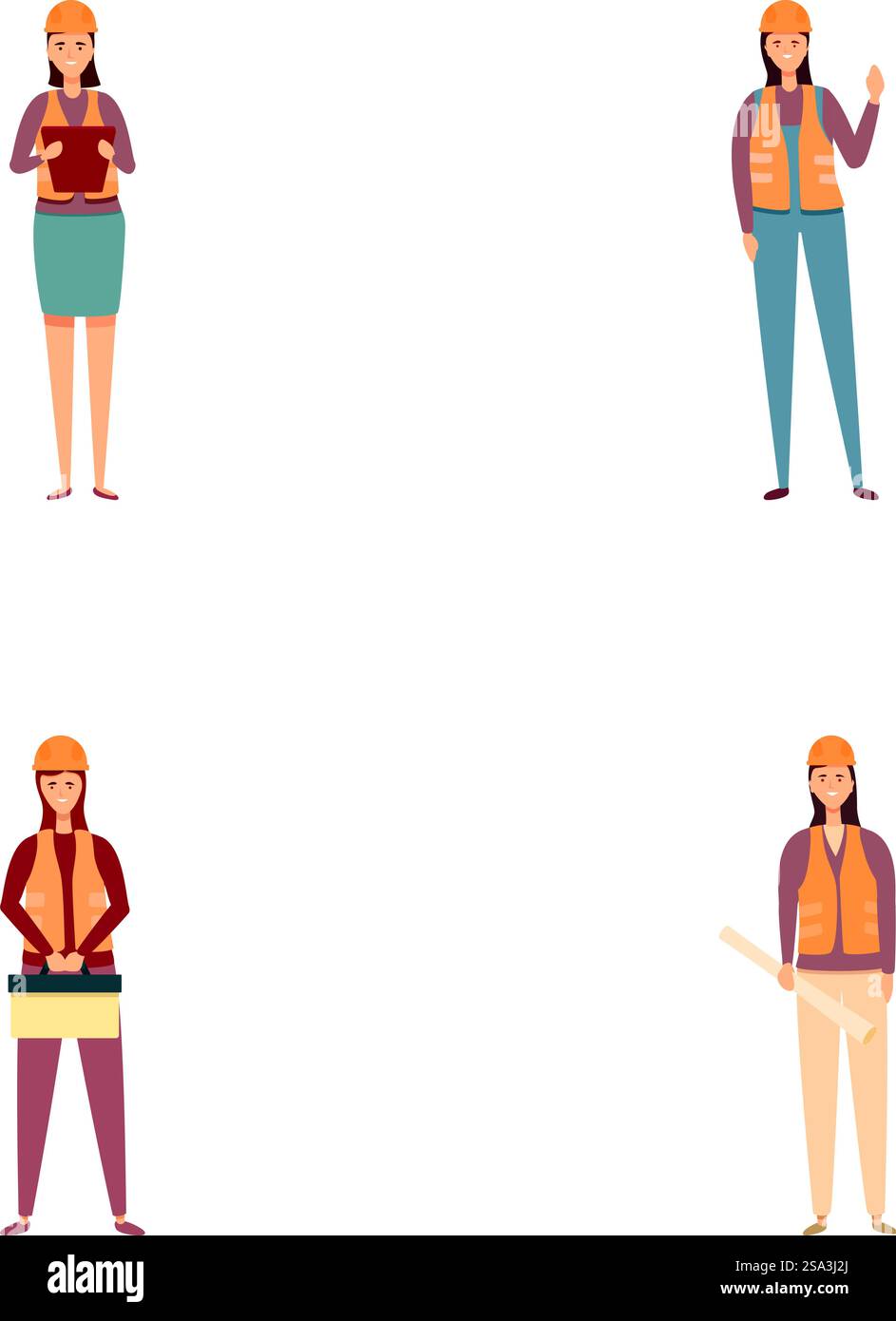 Set of four cartoon women characters in safety vests and helmets ...