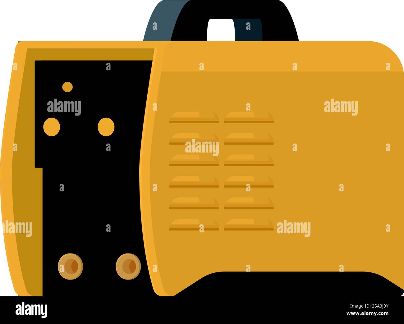 Flat design illustration of a compact and portable yellow generator. A ...