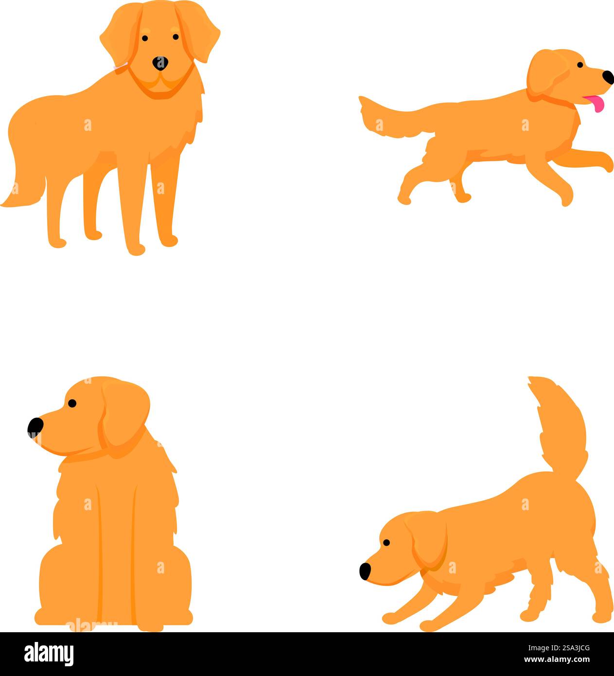 Collection of cute cartoon golden retriever dogs in different postures ...