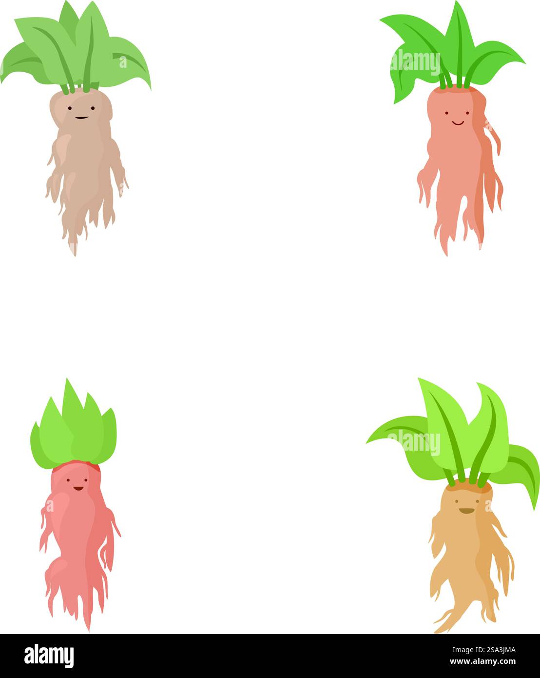 Collection of cute and cheerful cartoon mandrake root characters in a ...