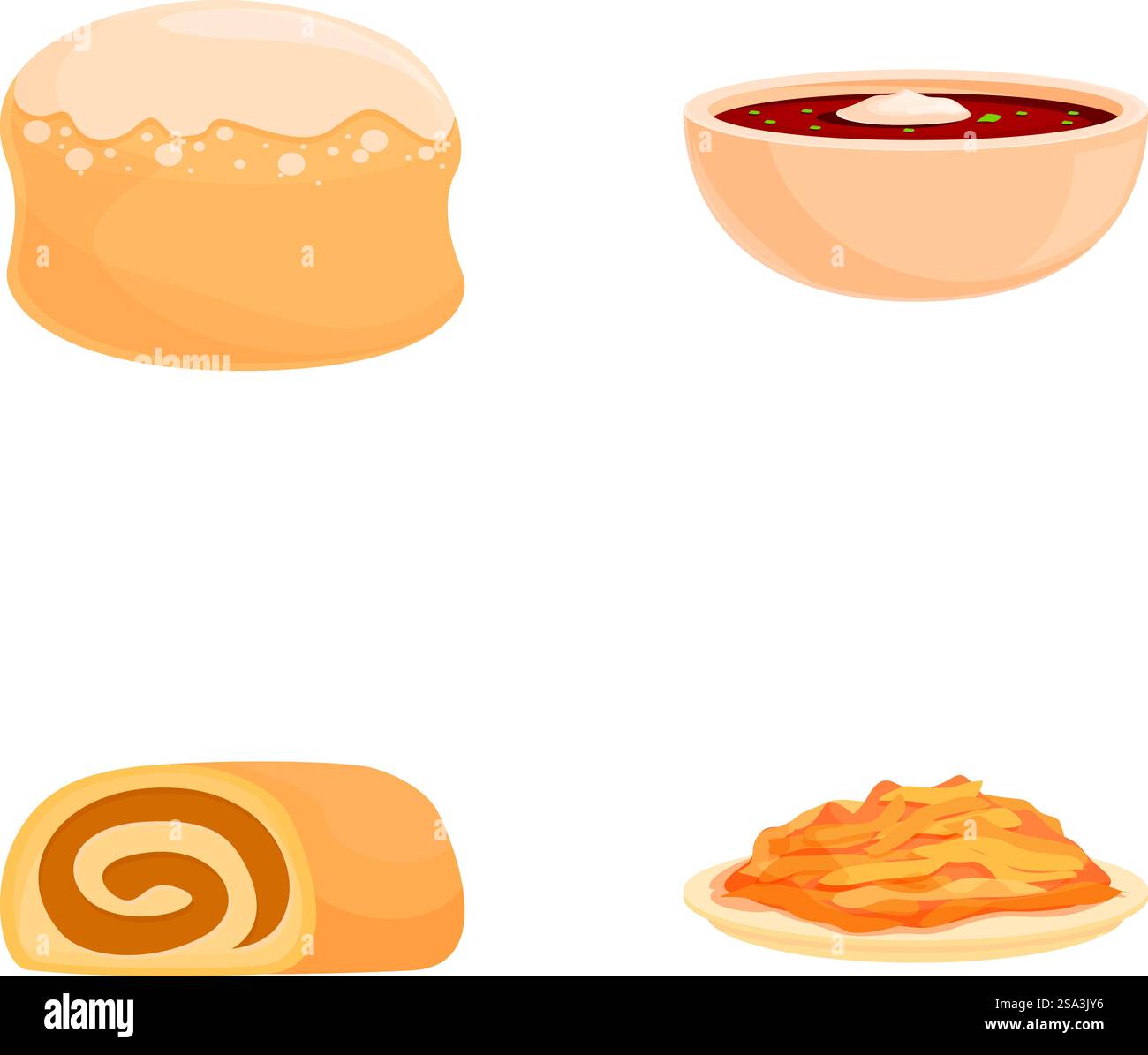 Set of four different baked goods, including bread, soup, roll, and pie ...