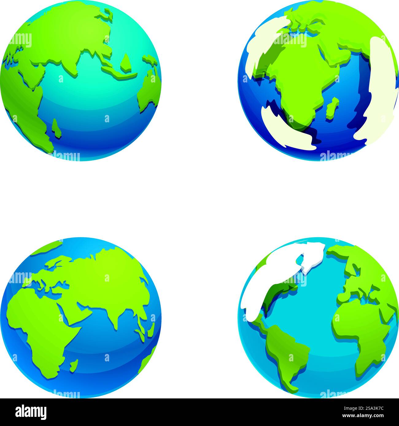 Four colorful stylized illustrations of the earth in various angles ...