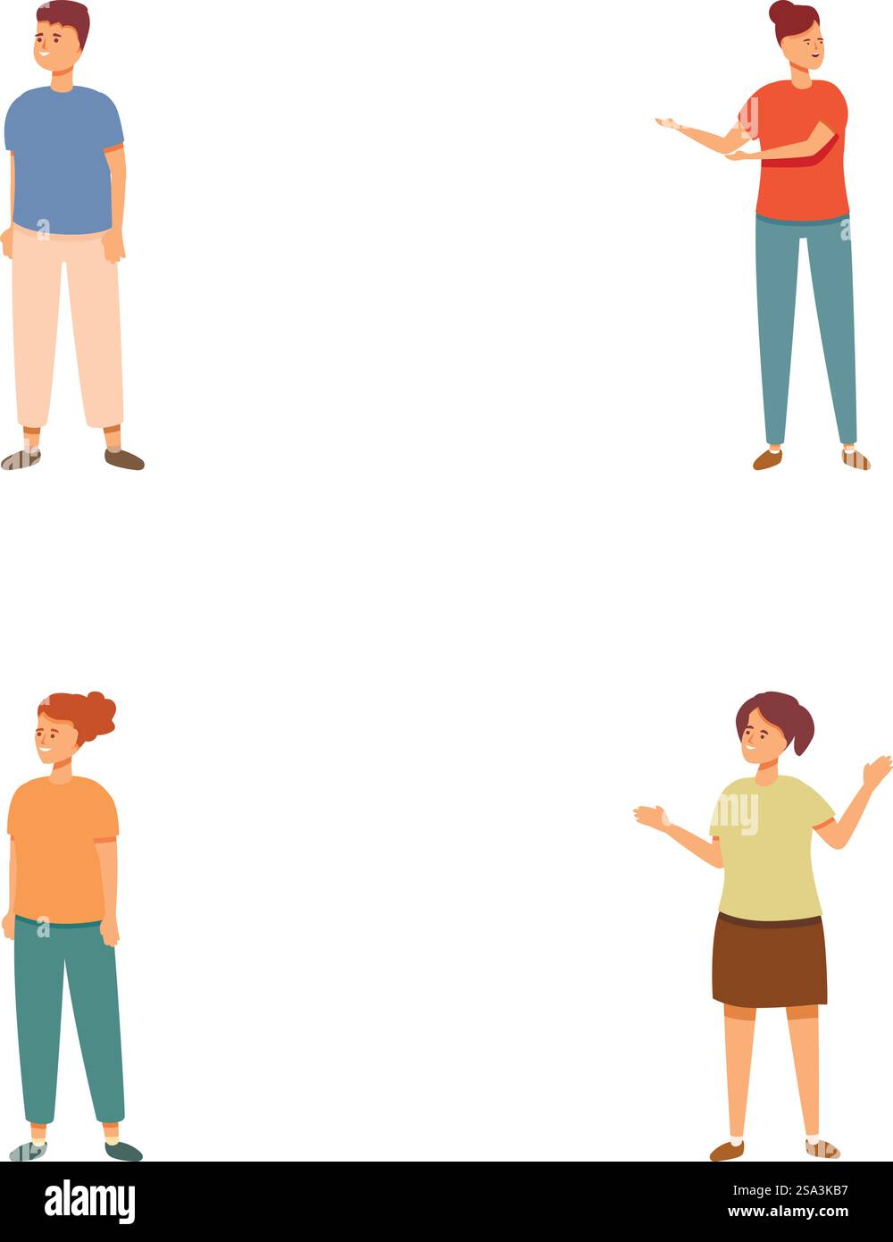 Diverse collection of illustrated people standing in casual clothing ...