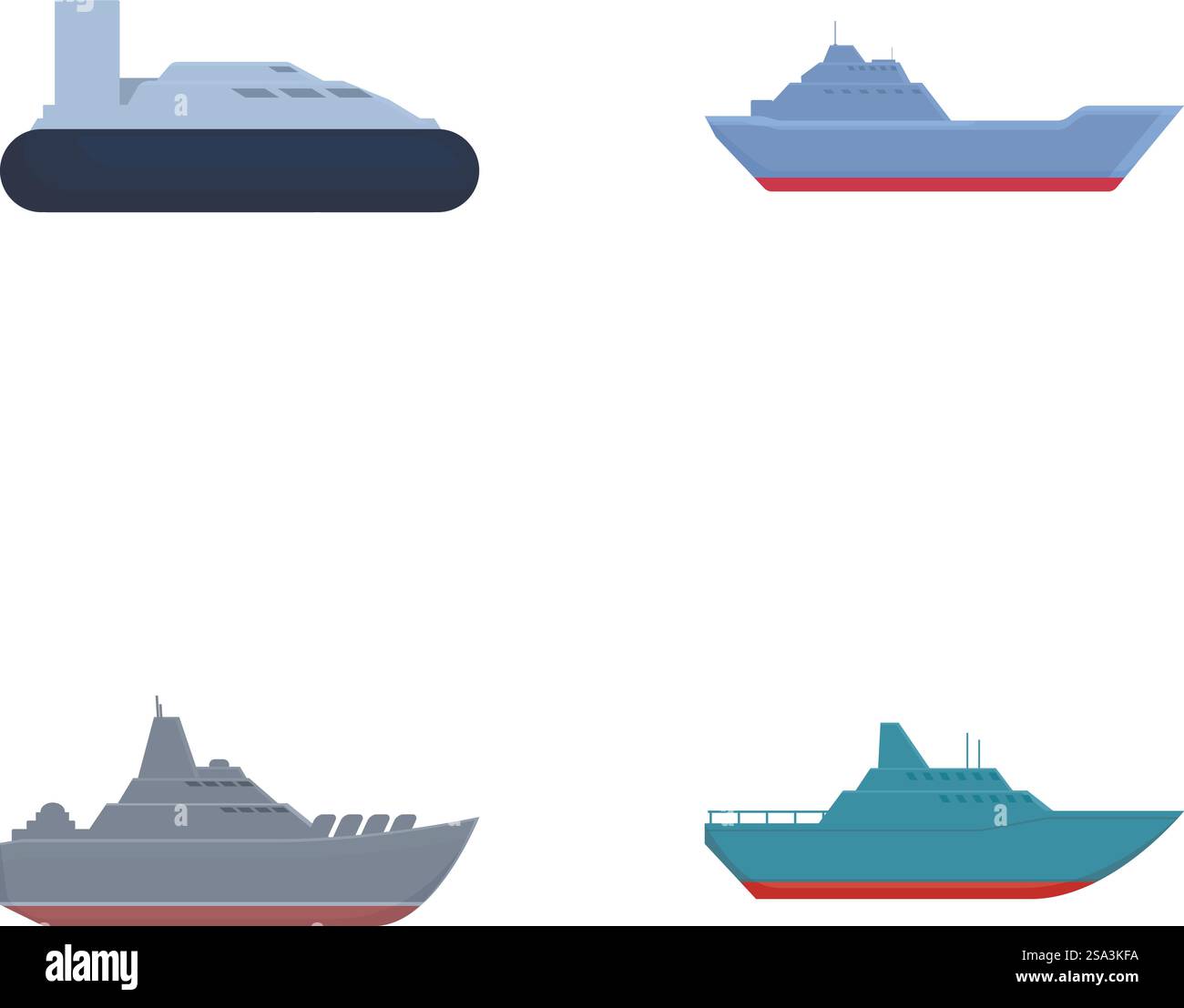 Collection of flat vector illustrations of different types of cartoon ships including passenger ...