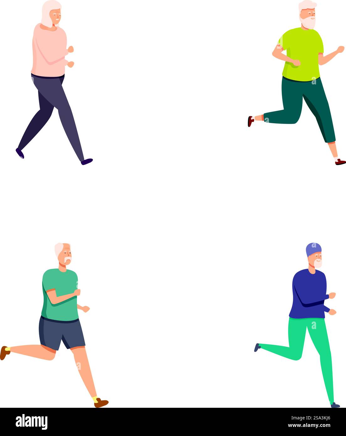 Collection of four diverse, active mature men jogging in different ...