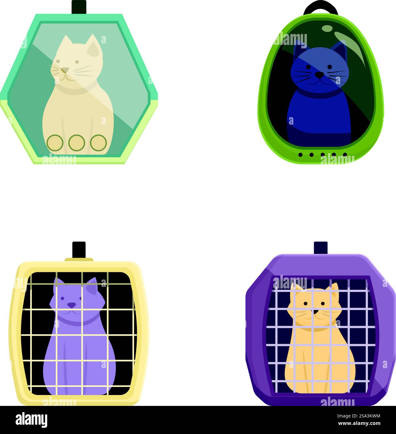 Collection of four colorful cartoonstyle pet carriers each with a ...