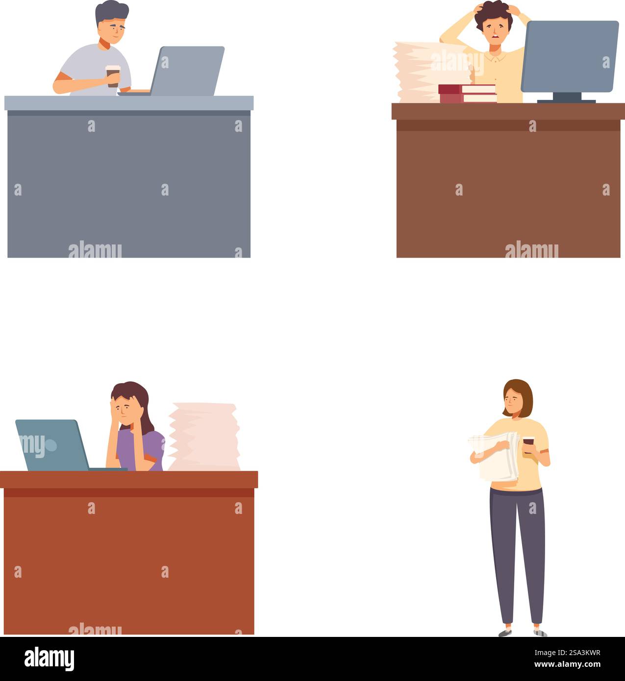 Illustrations depicting employees with various reactions while working ...