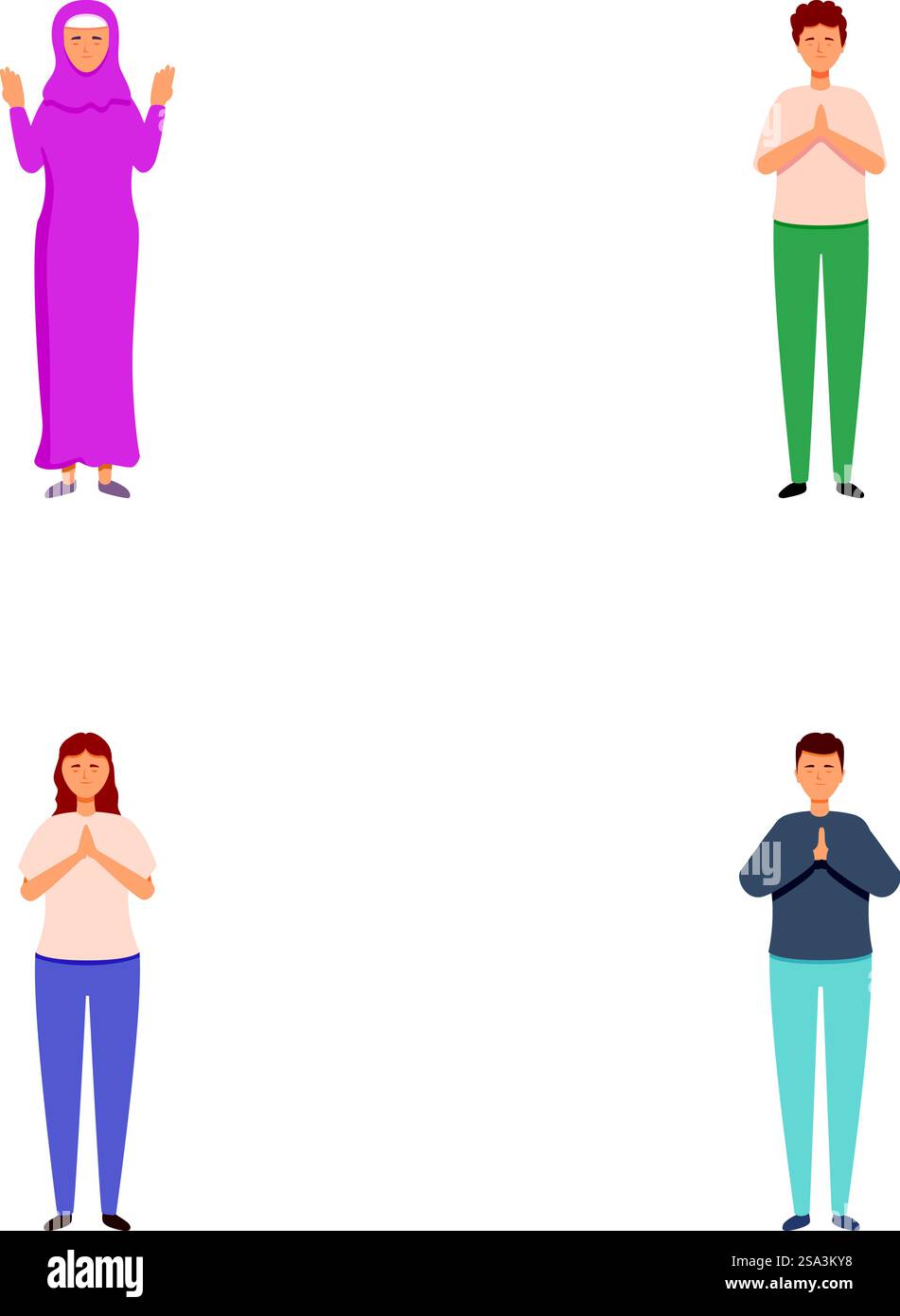 Illustration set featuring four people with different gestures and attires expressing various ...