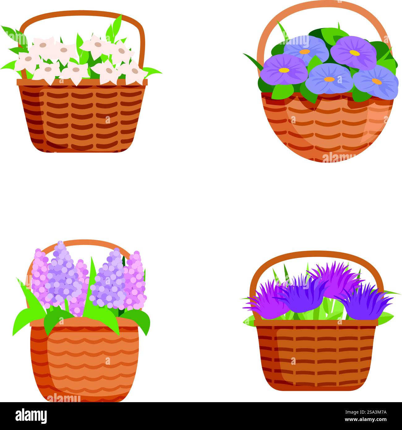 Set of four different cartoon flower baskets on a white background ...