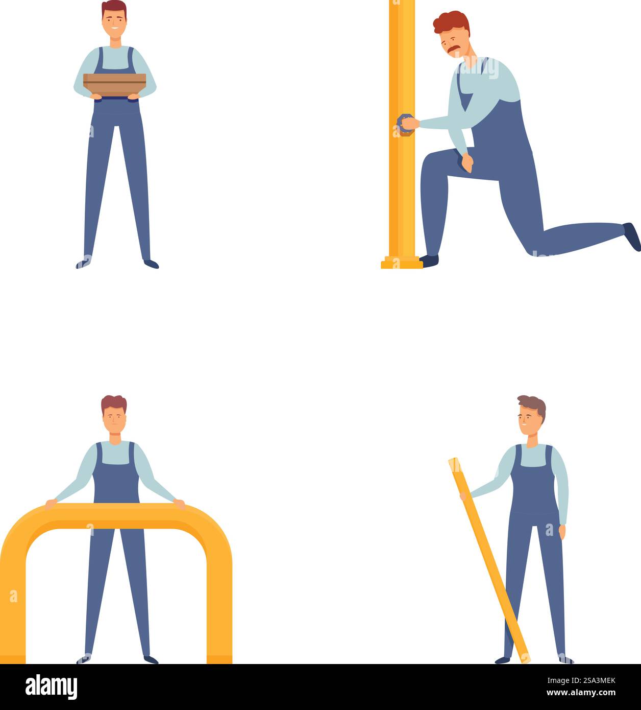 Collection of four vector illustrations featuring a carpenter in ...