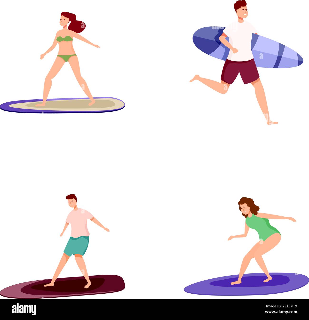 Vector set of active surfers enjoying water sports and beach activities ...