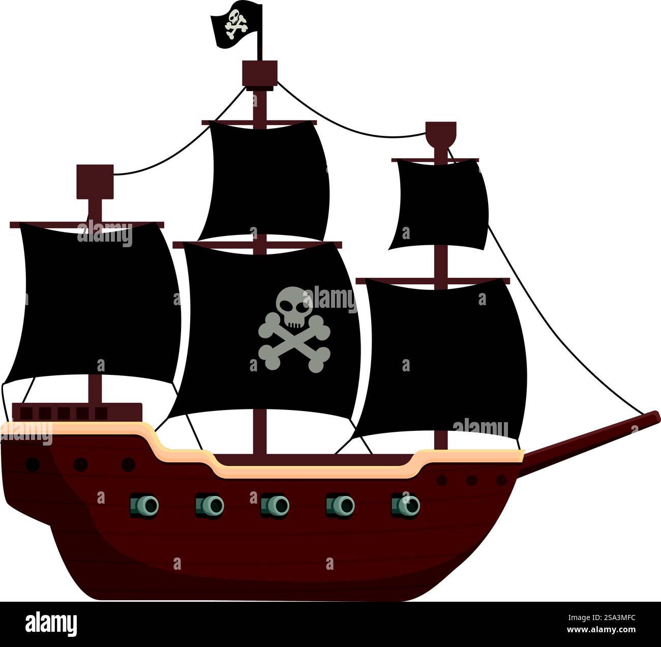 Illustrated cartoon pirate ship with black sails and jolly roger flag ...