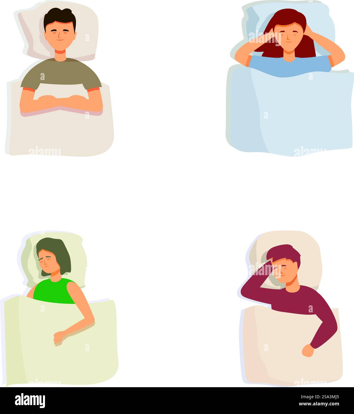 Illustration of four individuals each sleeping in a unique position in ...