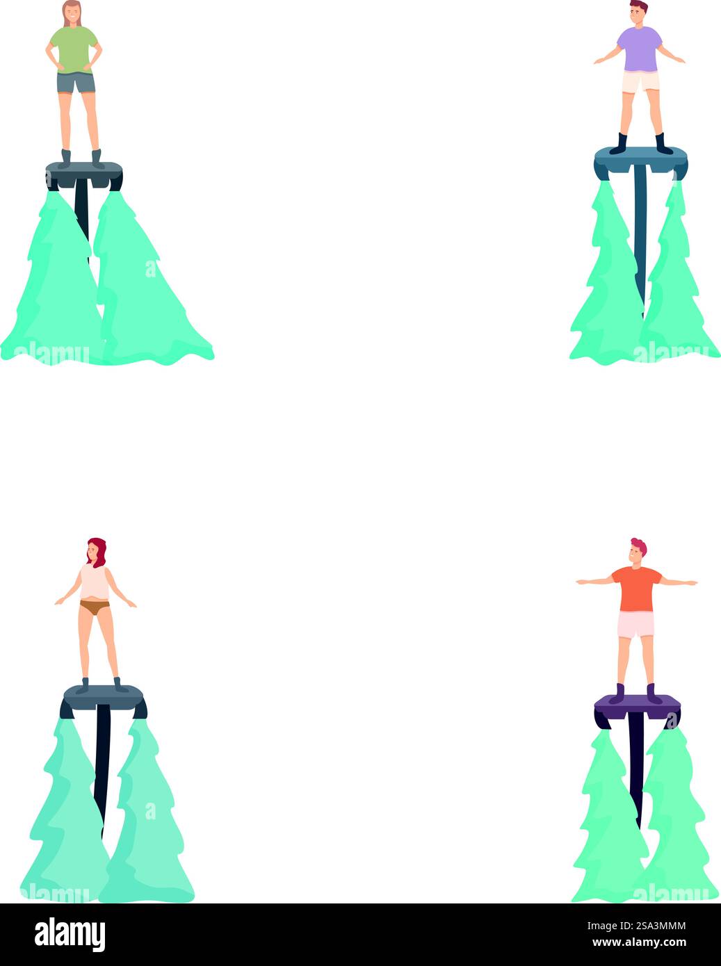Illustration set of four diverse people flying on water jet packs ...