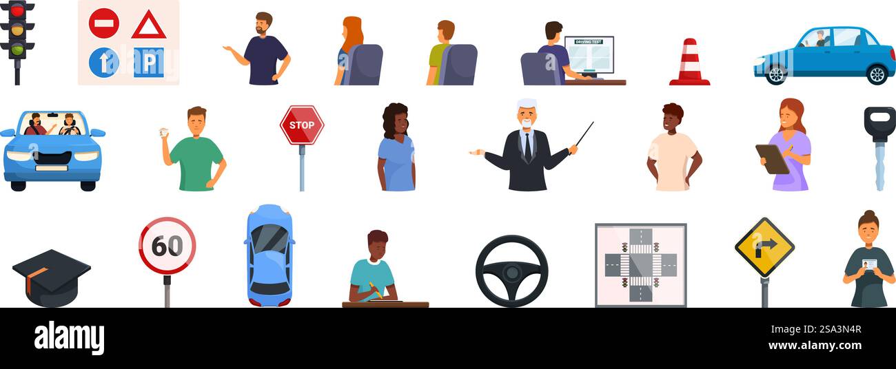 Driving school lessons vector. A collection of icons for various ...