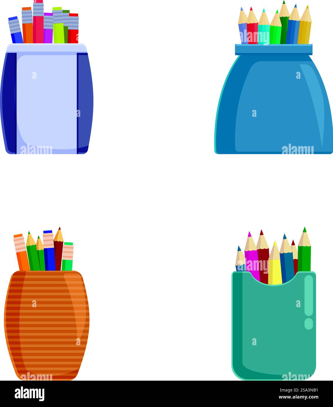Set of four different pencil holders filled with multicolored pencils ...