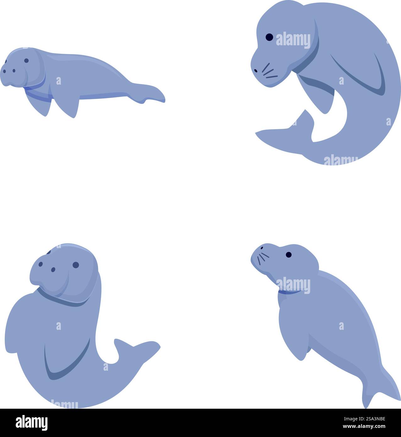 Collection of four adorable cartoon manatee illustrations, showcasing ...