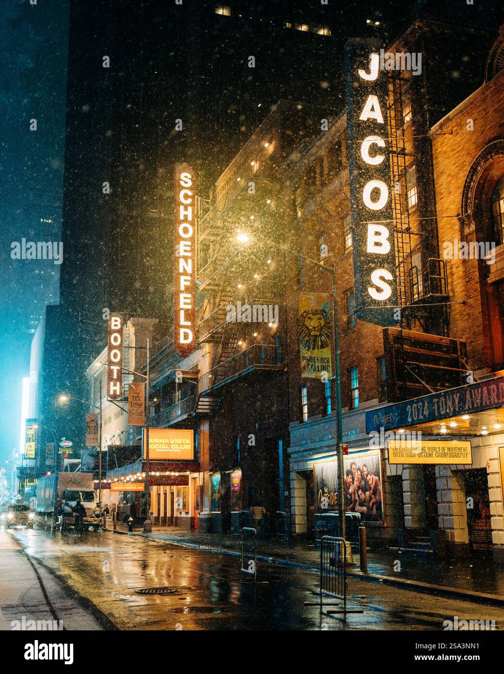 A snowy night in the Theater District, Manhattan, New York City Stock ...