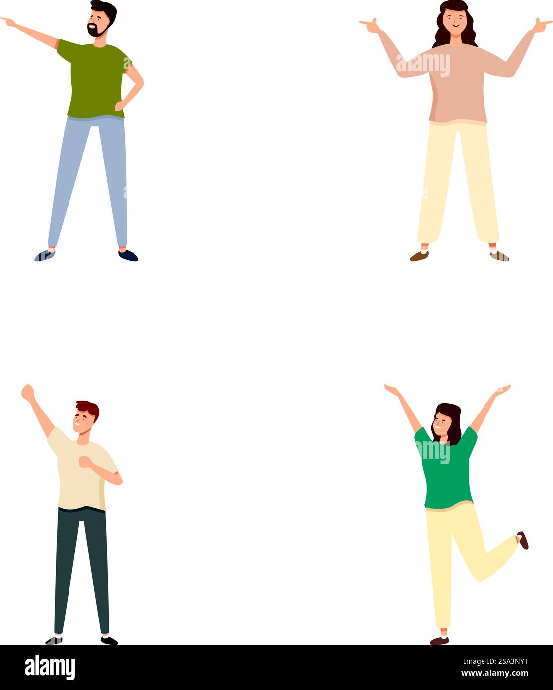 Four joyful cartoon characters with arms raised in various celebratory poses. Diverse group of ...