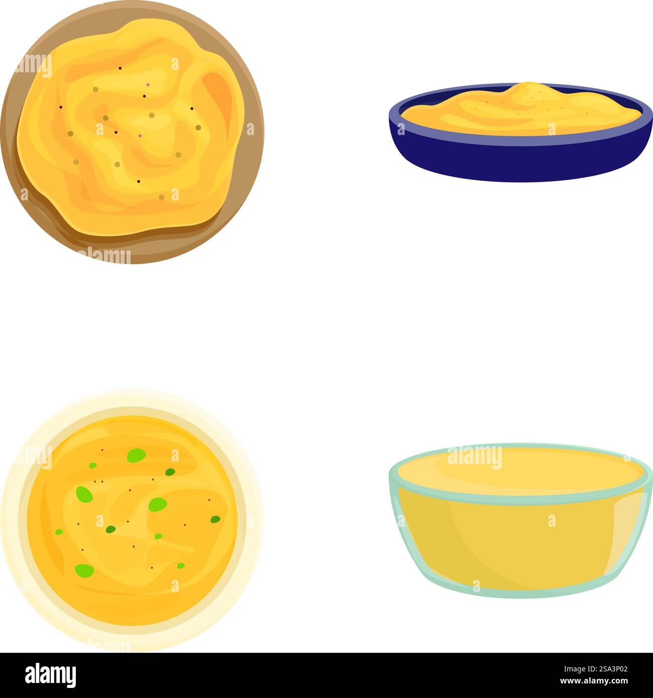 Set of four colorful vector illustrations of delicious creamy soups in ...