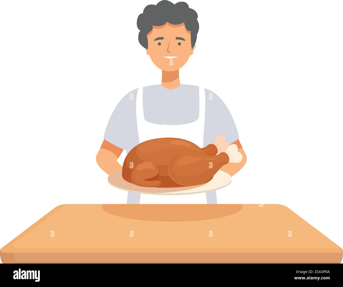 Smiling man in an apron holds a cooked turkey on a plate, ready for a ...