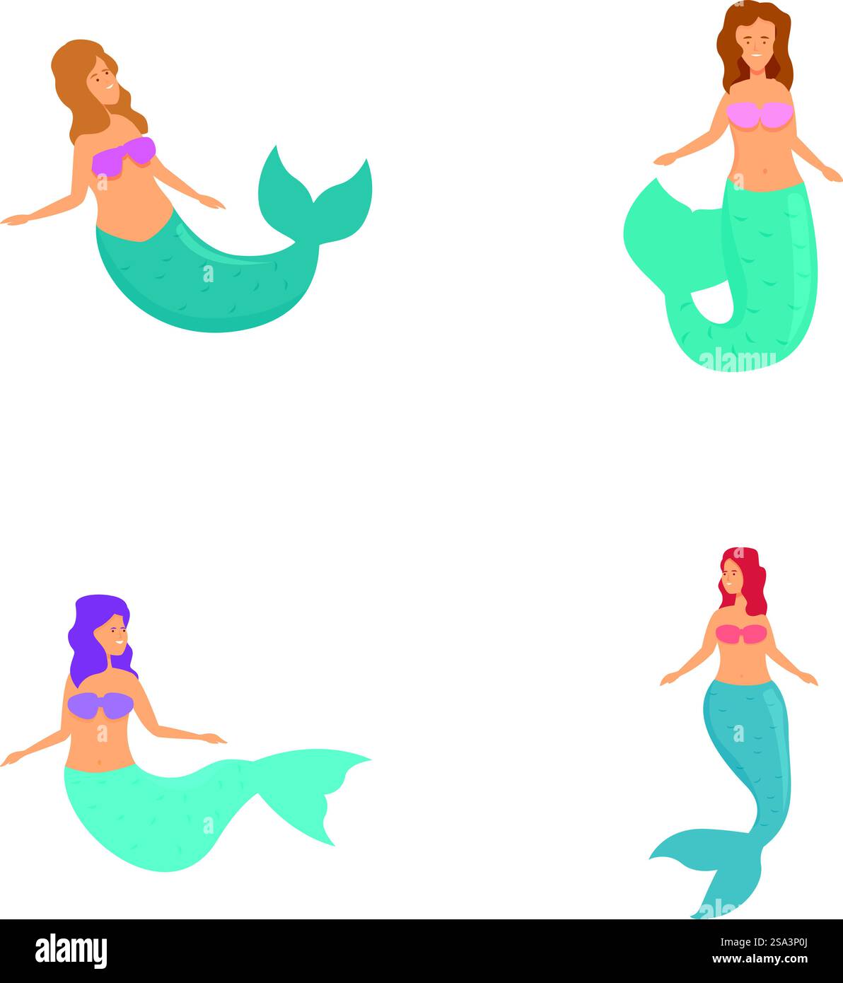 Collection of four diverse mermaids with different hairstyles and tail colors in a flat design ...