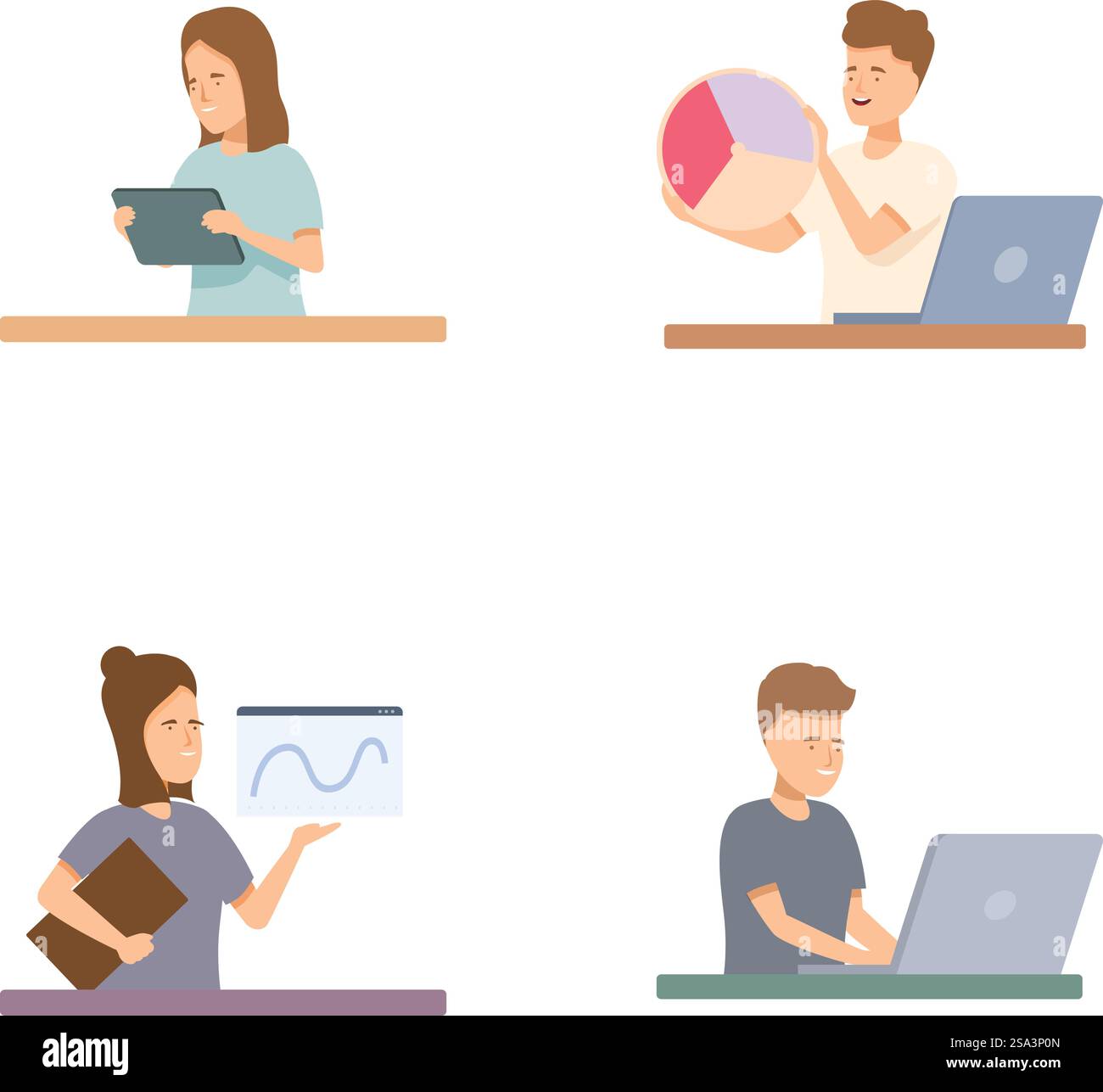 Set of four illustrations showcasing professionals engaged in digital ...
