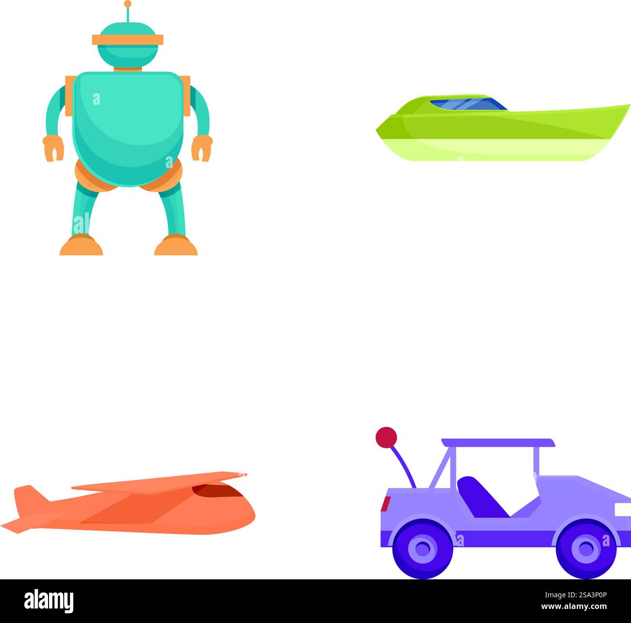 Collection of isolated vector icons featuring a robot, boat, airplane ...