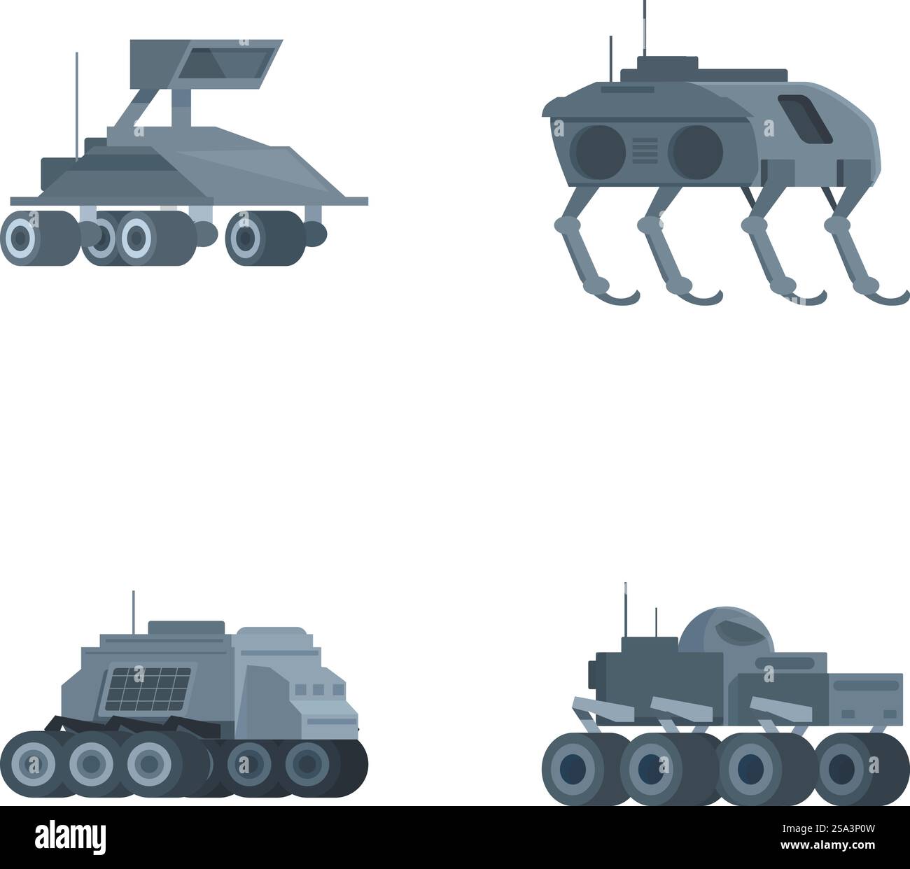 Four isolated vector illustrations of futuristic military vehicles on a white background. Set of ...