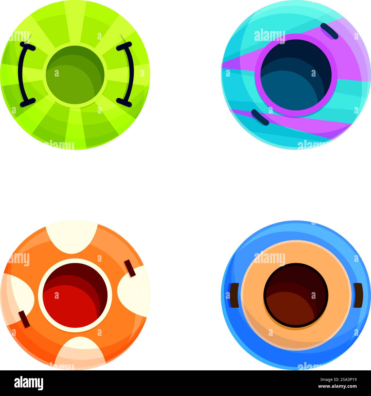 Collection of cartoonstyle inflatable swim rings in various vibrant ...