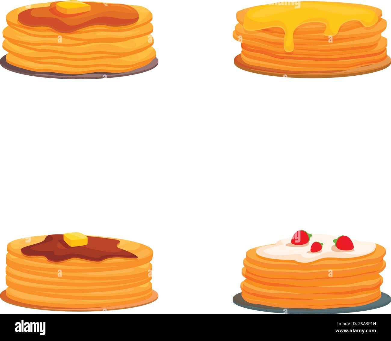 Delightful set of pancake stacks with different toppings like honey, chocolate, and berries ...