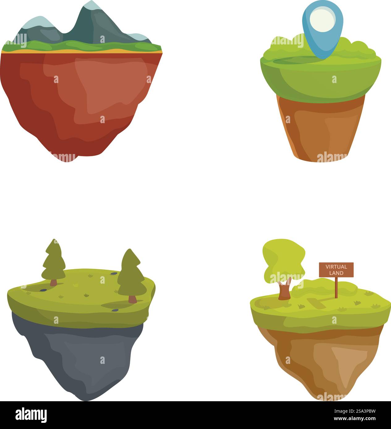 Set of four cartoon floating islands, ideal for fantasy and gaming ...