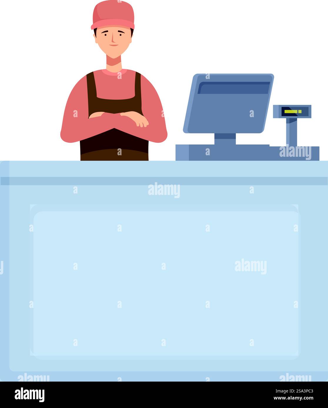 Illustrated cashier standing behind a store checkout counter with a ...