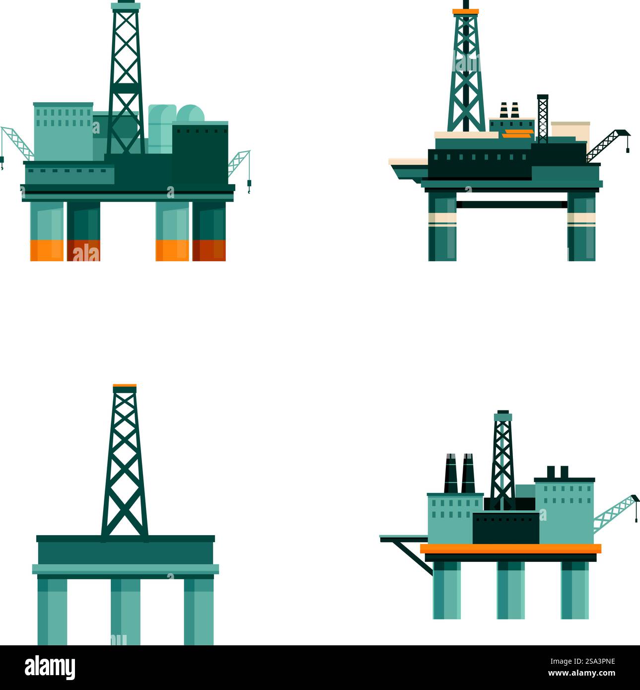 Collection of four stylized offshore drilling platform graphics ...