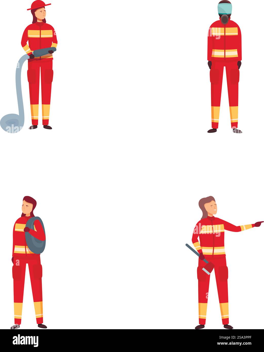 Collection of four illustrated firefighters with equipment, showcasing ...