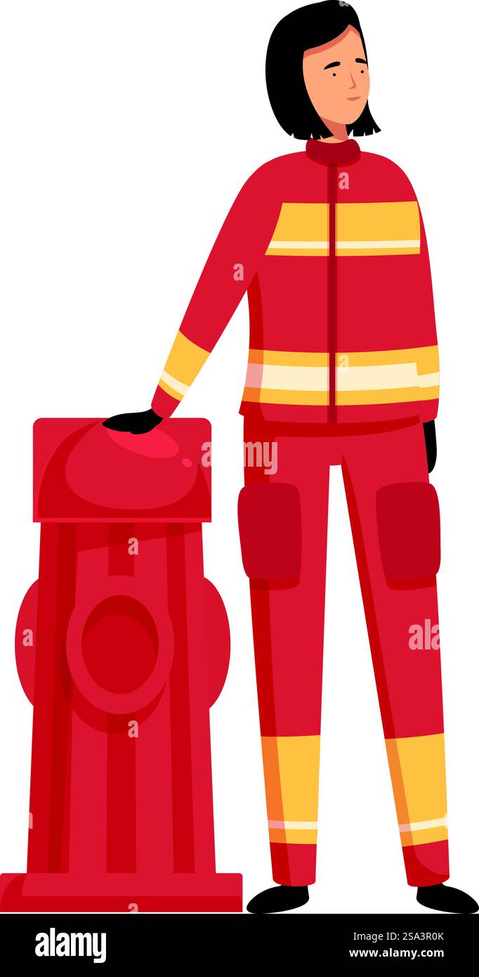 Illustration of a woman firefighter in uniform standing next to a red ...