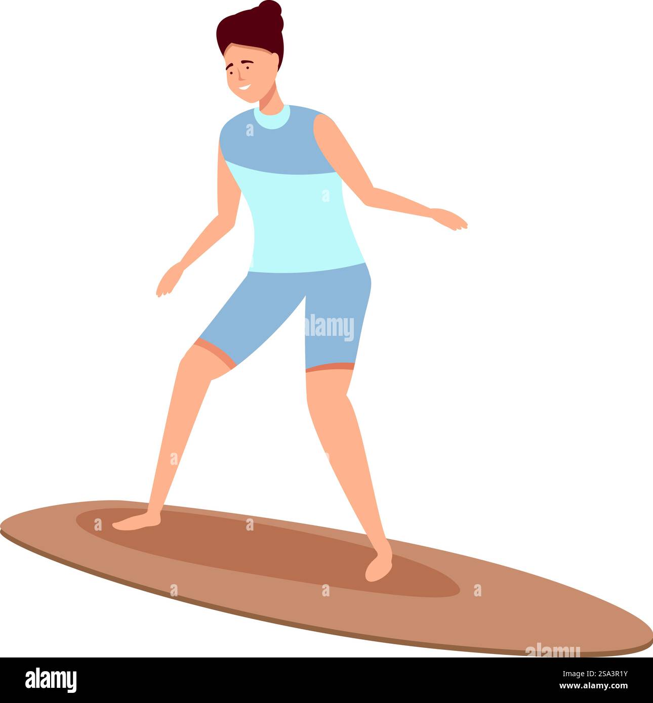 Vector graphic of a young woman practicing her balance on a surfboard ...
