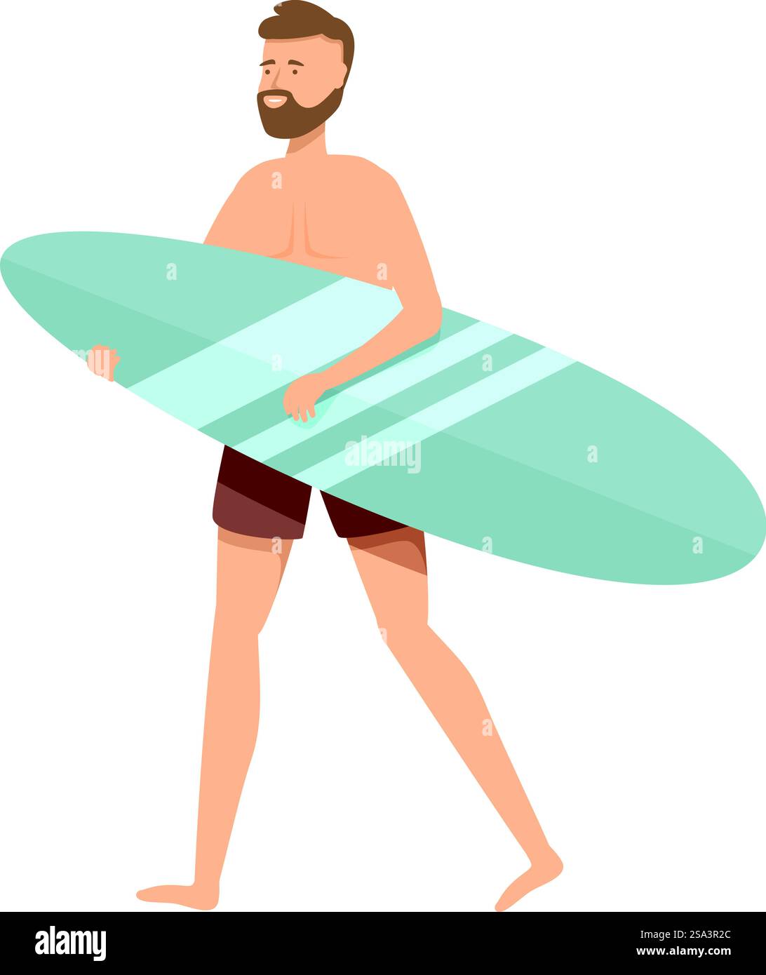 Illustration of a young adult man carrying a surfboard on a tropical ...