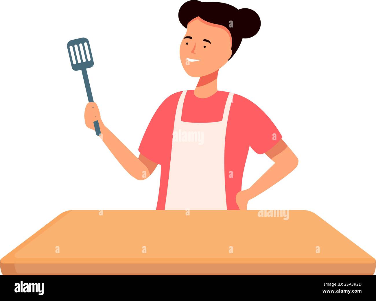 Confident cartoon chef standing with a spatula at a kitchen counter ...