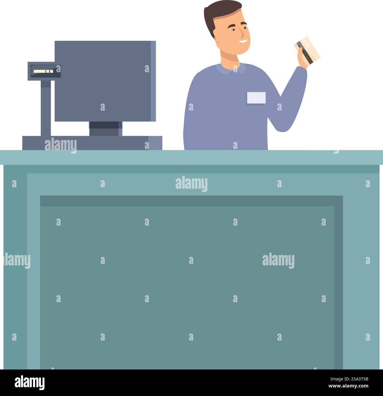 Cheerful male cashier scans items at a supermarket checkout desk with a ...