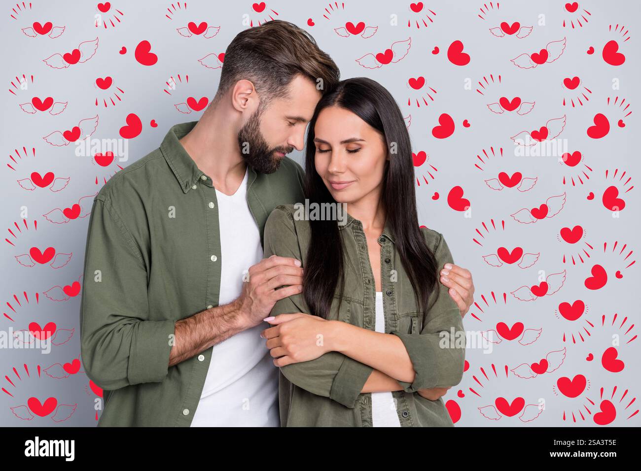 Photo of warmth married lady guy spouses cuddle touching shoulders ...