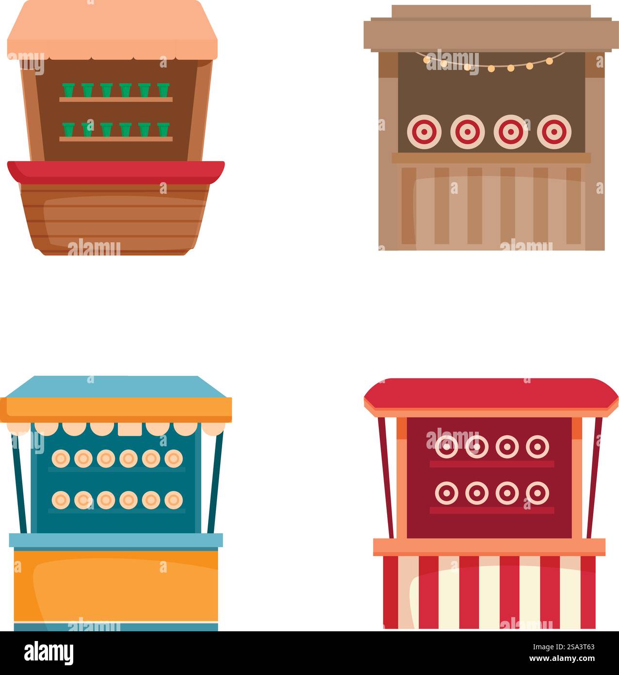 Set of four vibrant, flatdesign market stalls and kiosks suitable for ...