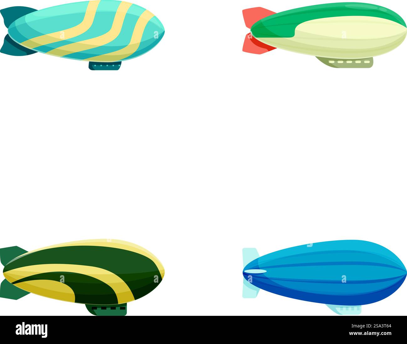 Set of four cartoonstyle airships in various colors and designs ...