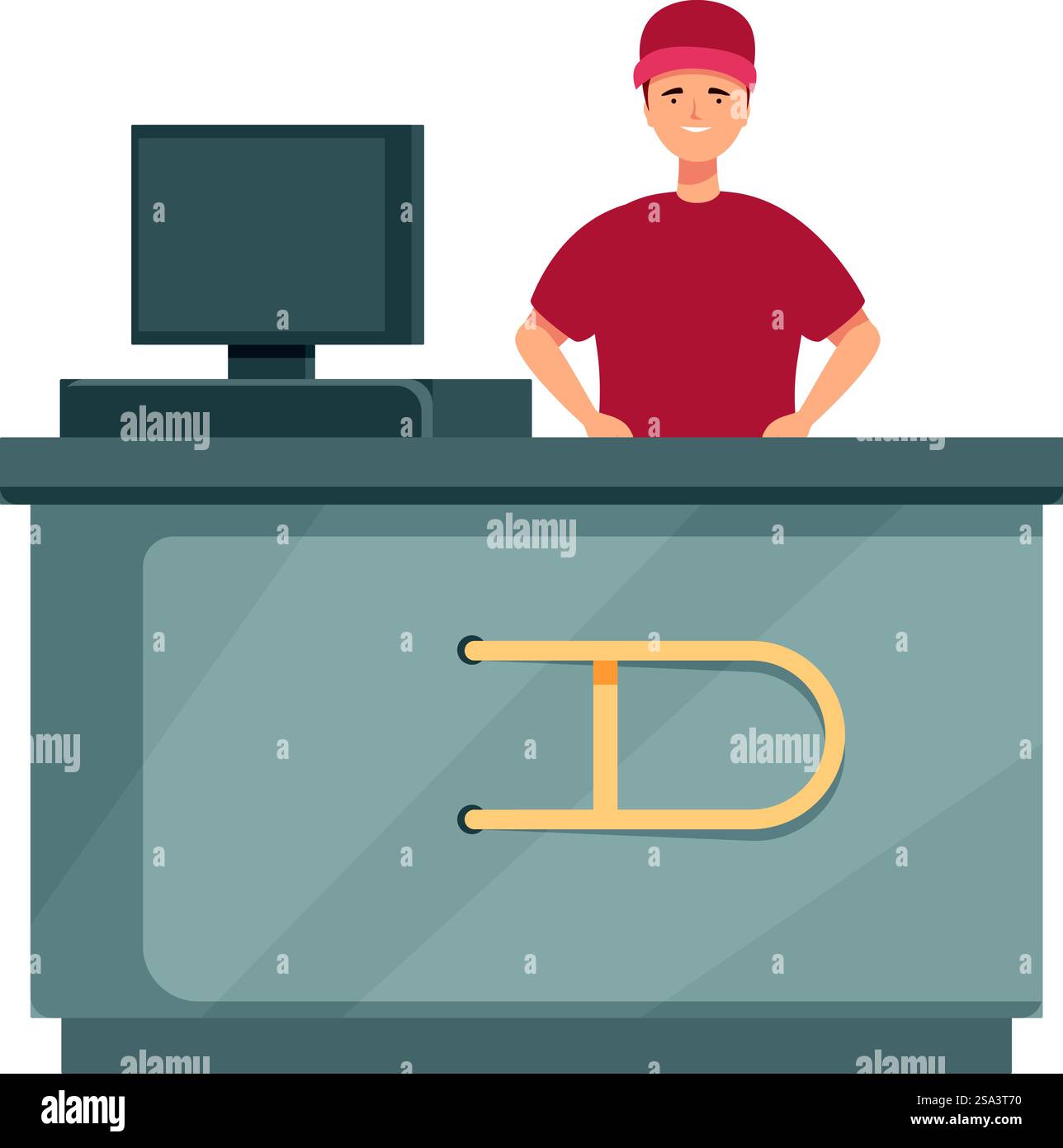 Vector of a young man with cap standing at an info counter with ...