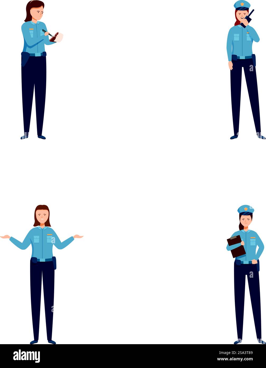 Collection of four illustrations showing cartoon police officers ...